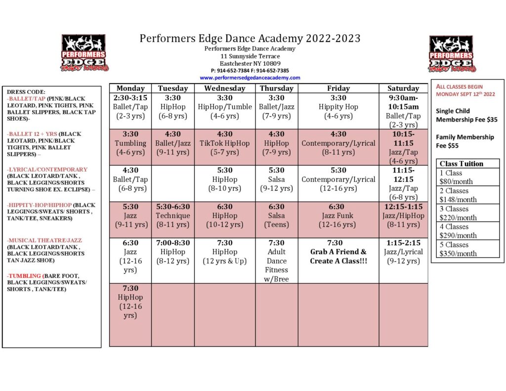 Class Schedule – Performer Edge Dance Academy