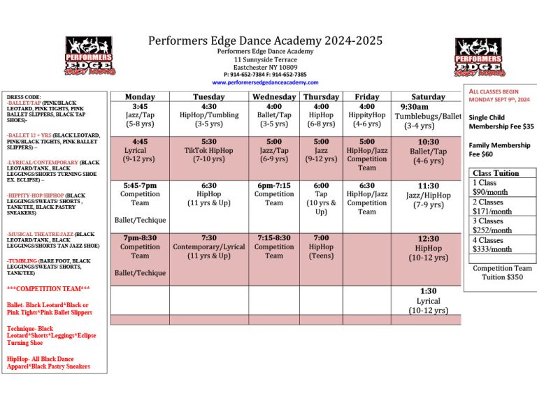Class Schedule – Performer Edge Dance Academy